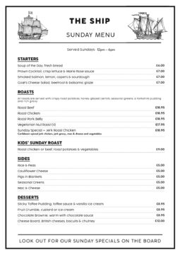 Menus - The Ship Lower Upnor