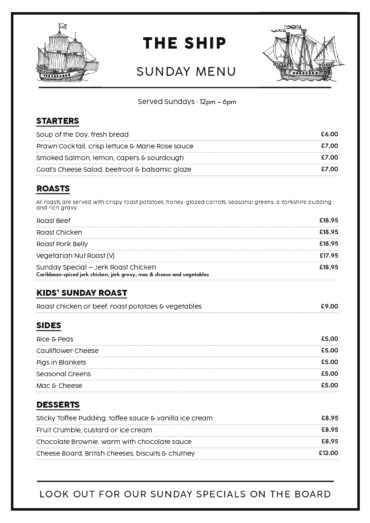 Menus - The Ship Lower Upnor
