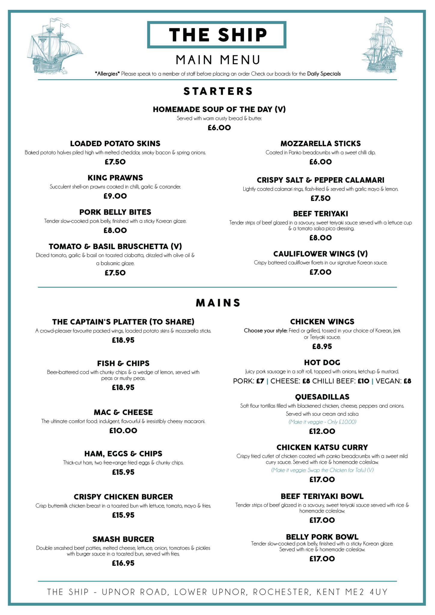 Menus - The Ship Lower Upnor
